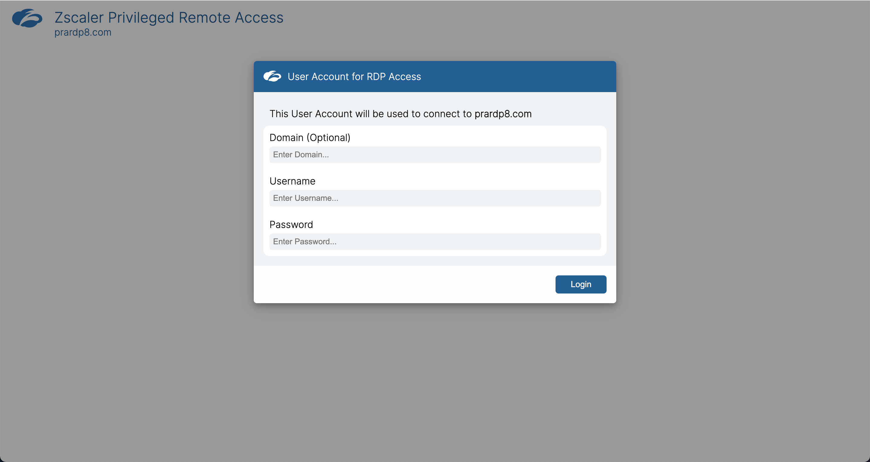 Example User Account for RDP Access Window with Domain, Username, and Password fields